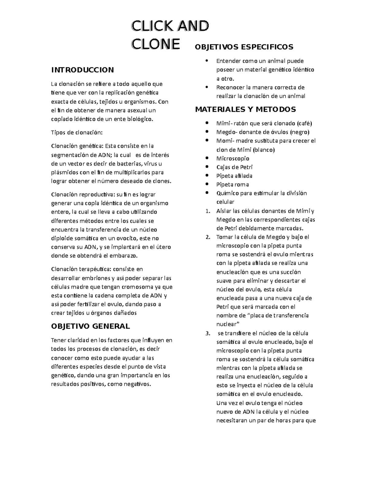 Clonacion - CLICK AND CLONE CLICK AND CLONE INTRODUCCION La clonación ...