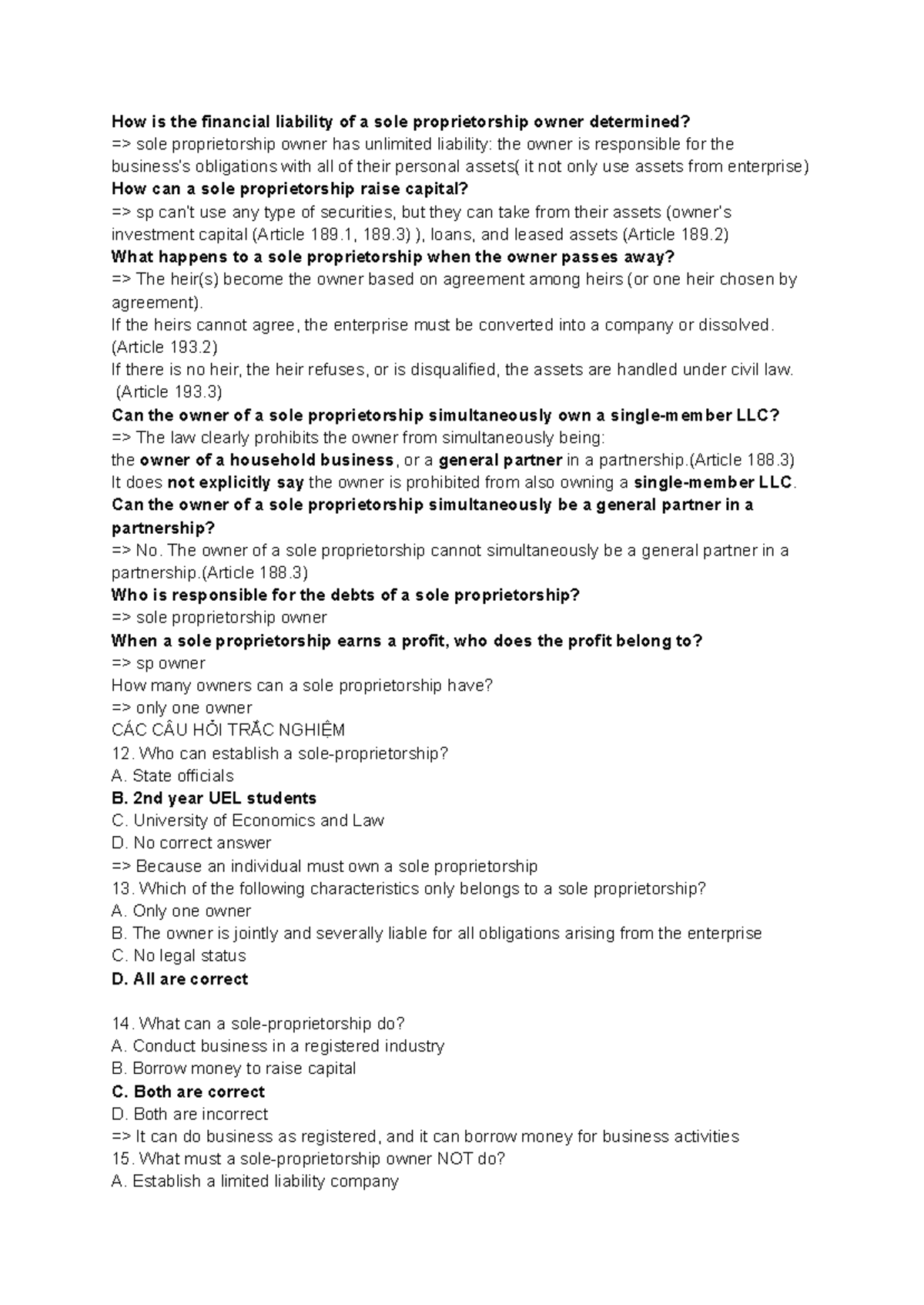 Bài tập luật doanh nghiệp: Financial Liability of Sole Proprietorships ...