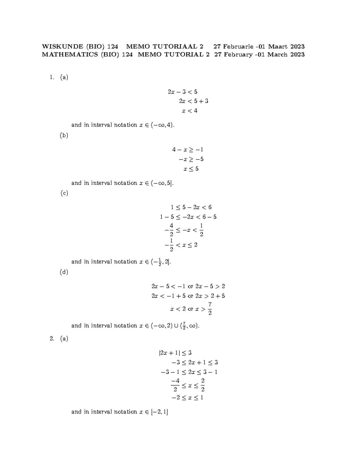Memo-tut-2 - memo for tut 2 of math 105 - WISKUNDE (BIO) 124 MEMO TUTORIAAL 2 27 Februarie -01 ...
