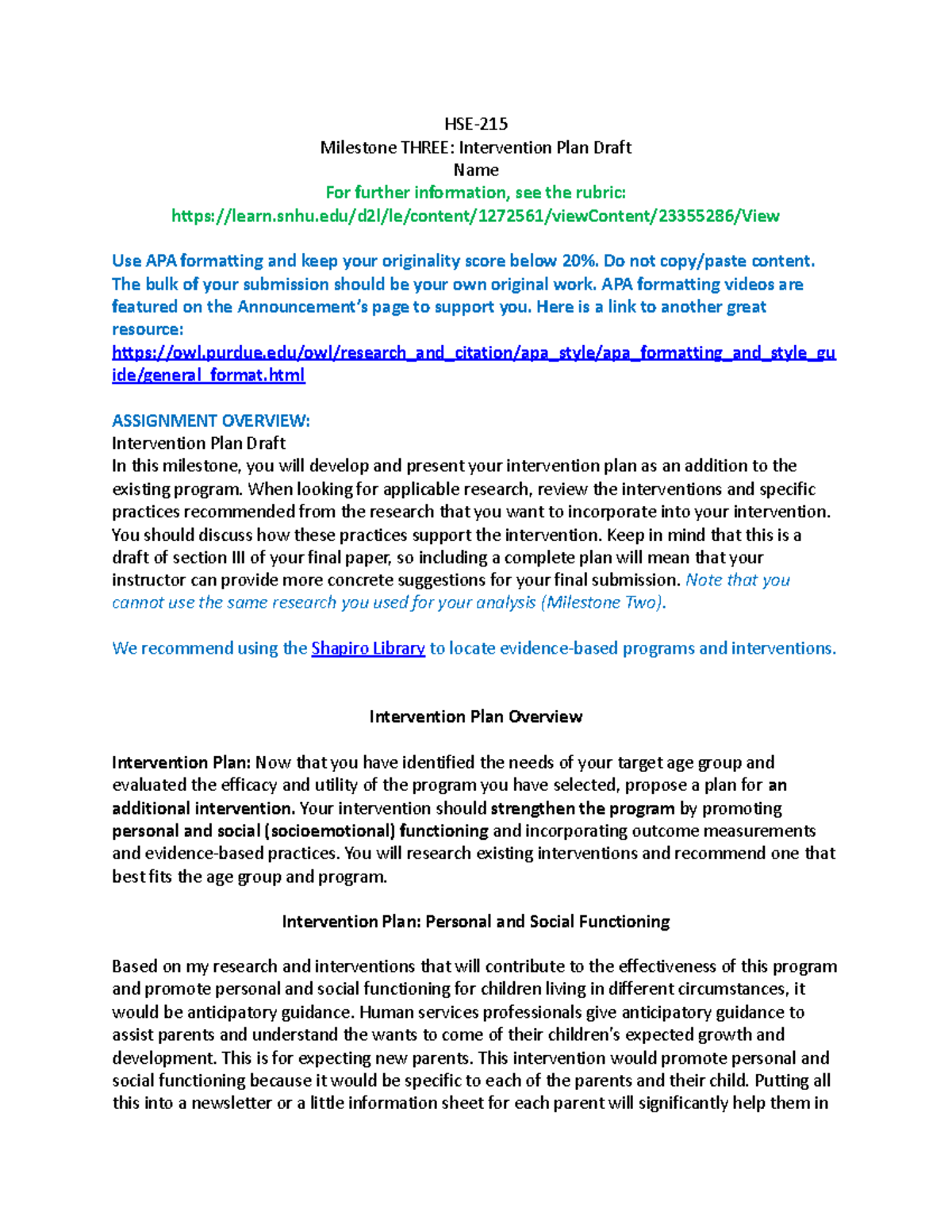 HSE 215 Milestone Three: Draft of Intervention Plan for Children - Studocu