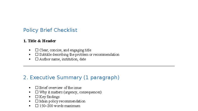 Policy Brief Checklist: Key Elements for Effective Policy Making - Studocu