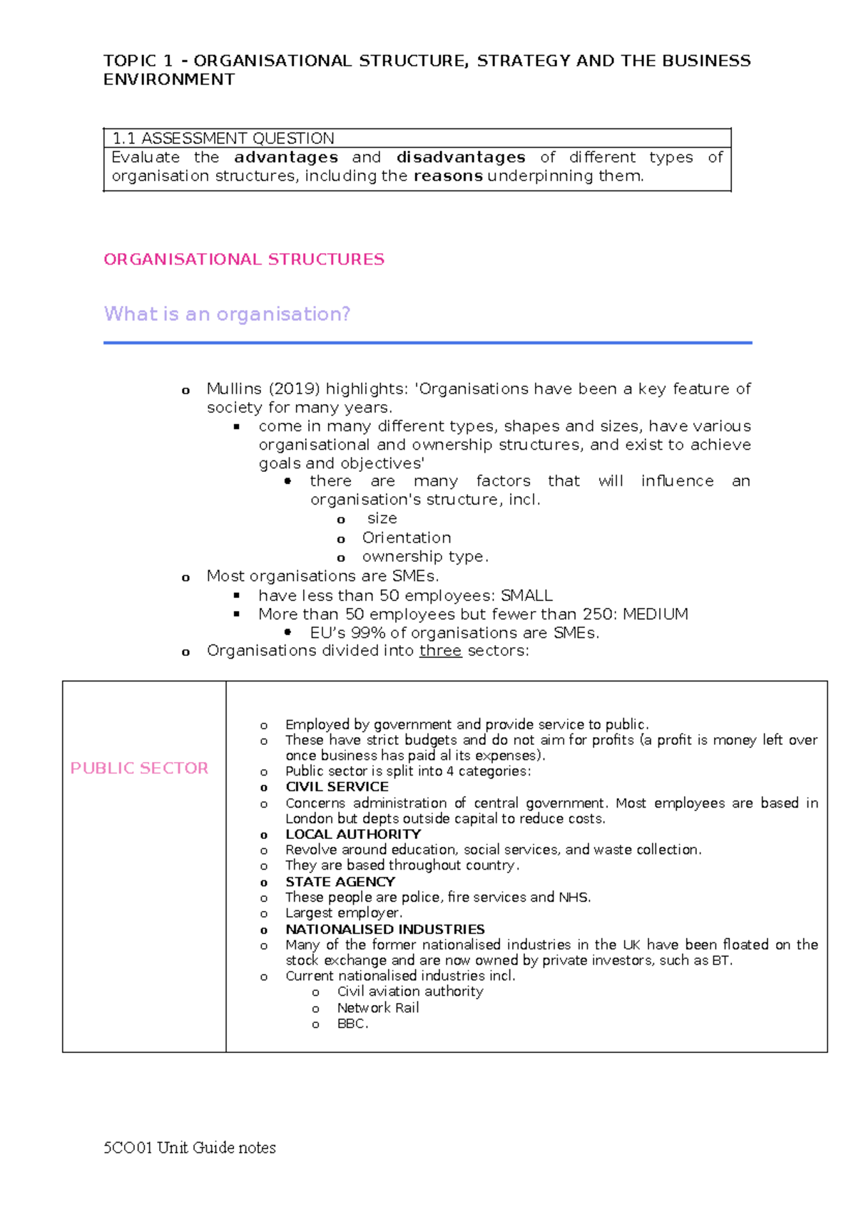 Organisational Structures and Strategies: Ed 5CO01 Notes 1 - Studocu