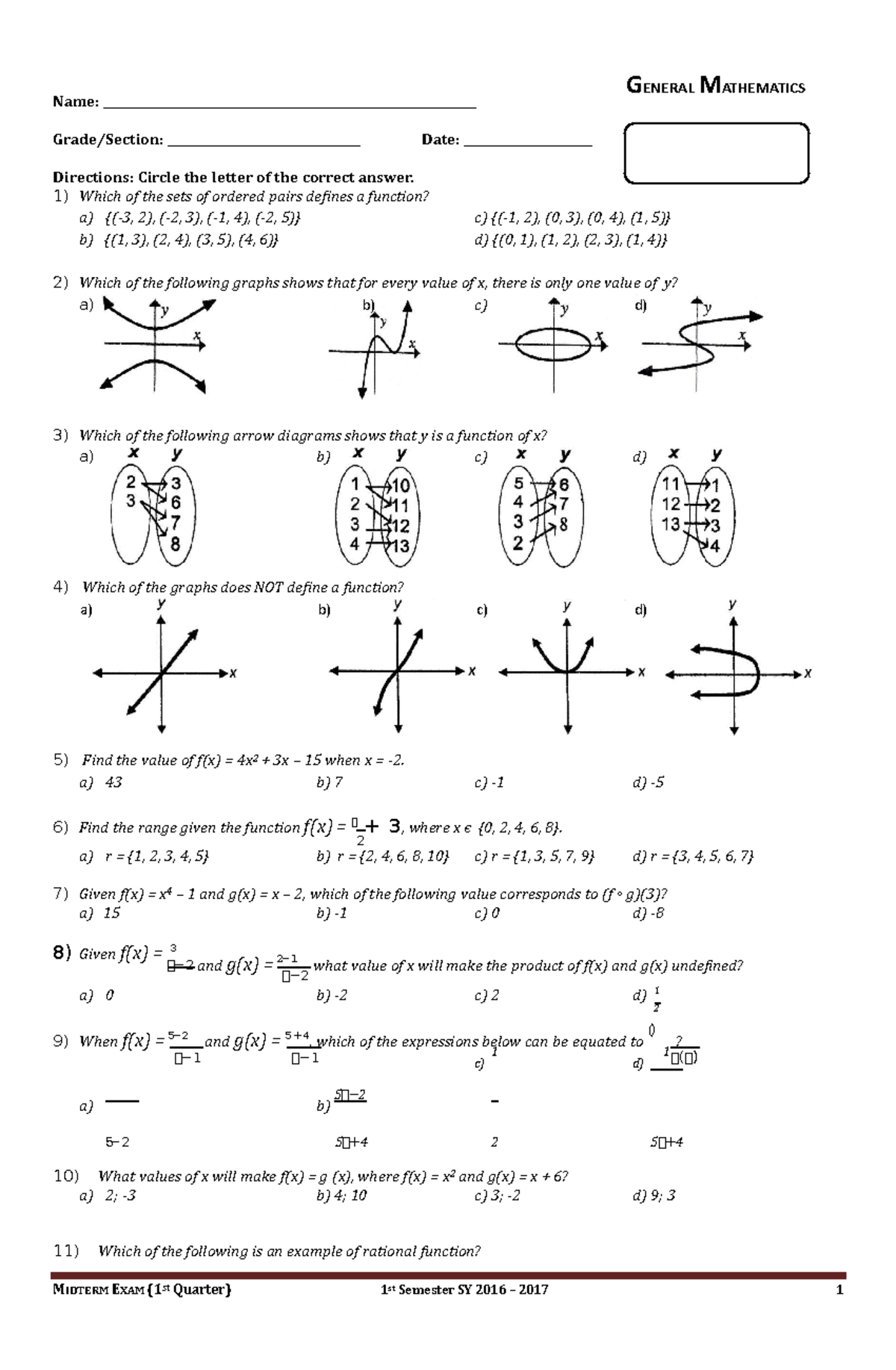 General math 1st quarter exam - MIDTERM EXAM (1st Quarter) 1 st Semester SY 2016 – 2017 1 ...