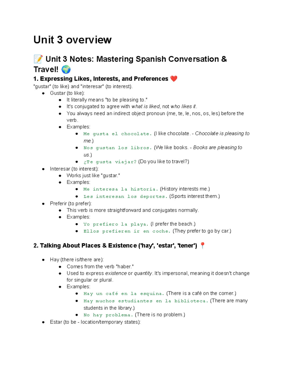 Unit 3 Overview: Mastering Spanish Conversation Notes - Studocu