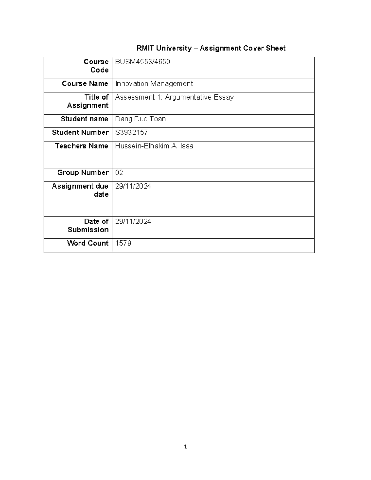 ASM1 IM - 65 CR - RMIT University – Assignment Cover Sheet Course Code ...