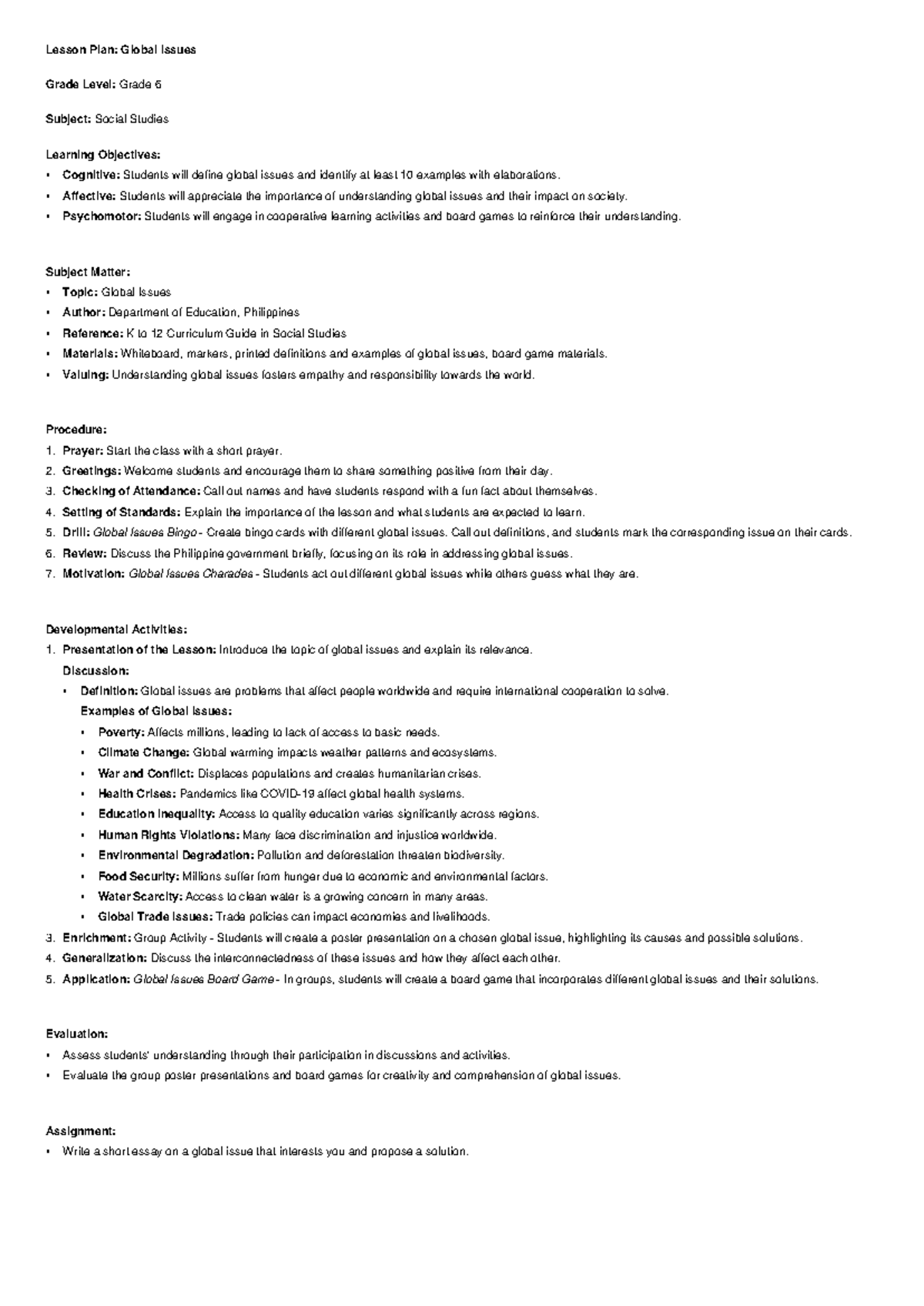 Lesson Plan: Engaging with Global Issues in Grade 6 Social Studies ...