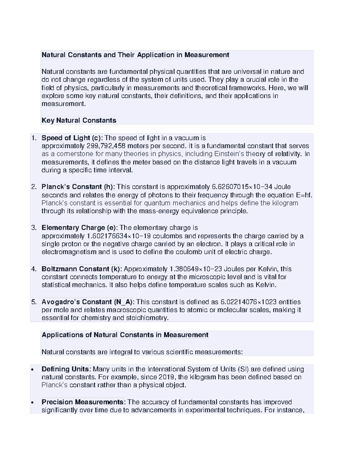 Natural Constants and Their Application in Measurement - They play a ...