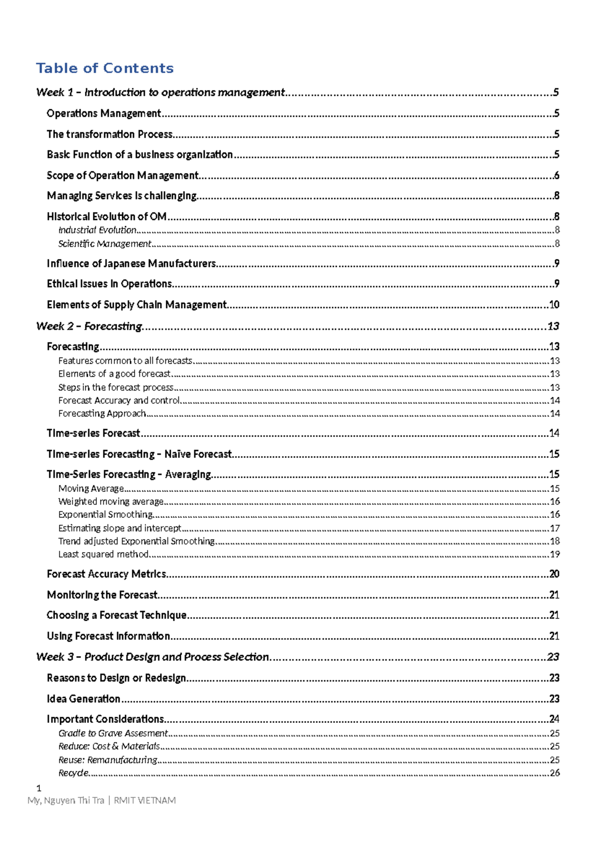 Lecturer Note - review - Table of Contents Week 1 – Introduction to ...