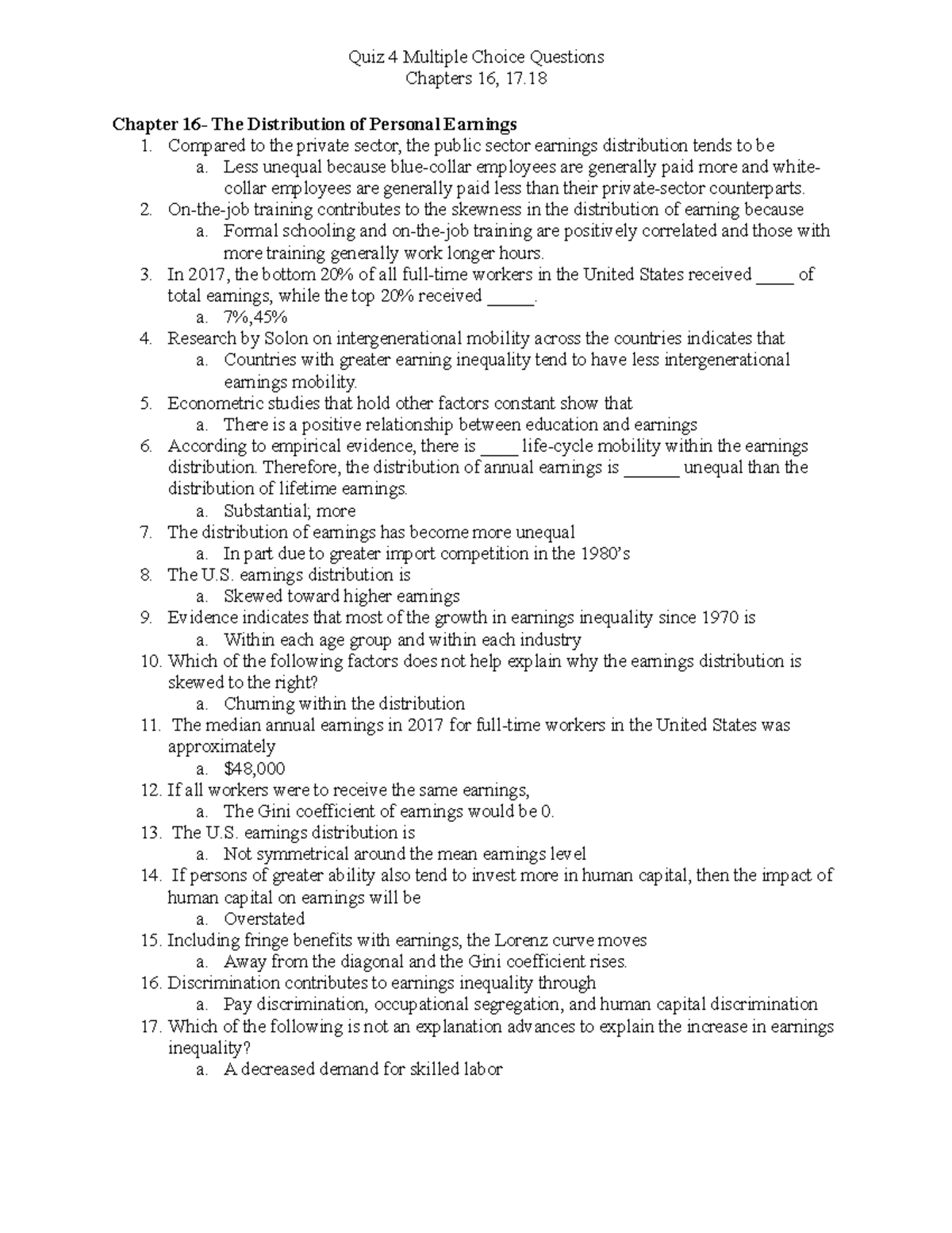 Quiz 4 - Econ 322 - Multiple Choice Questions Overview from Chapters 16 ...