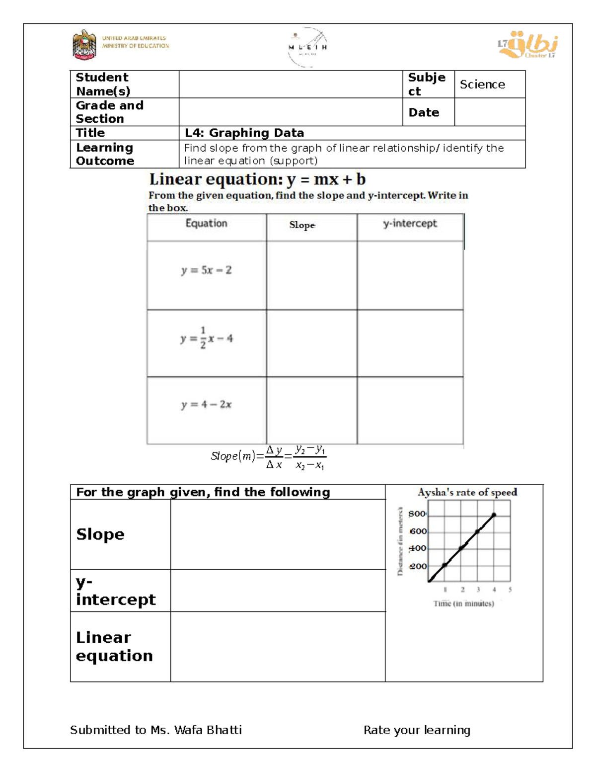 Graphing data - support - Physics - Student Name(s) Subje ct Science ...