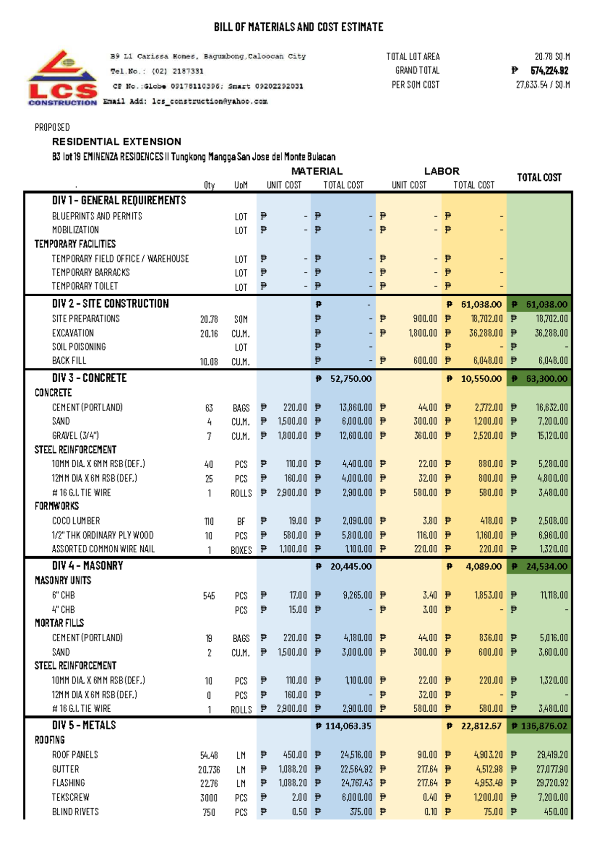 Estimates - Bulacan - 20 SQ ₱ 574,224. 27,633 / SQ PROPOSED . Qty UoM ...
