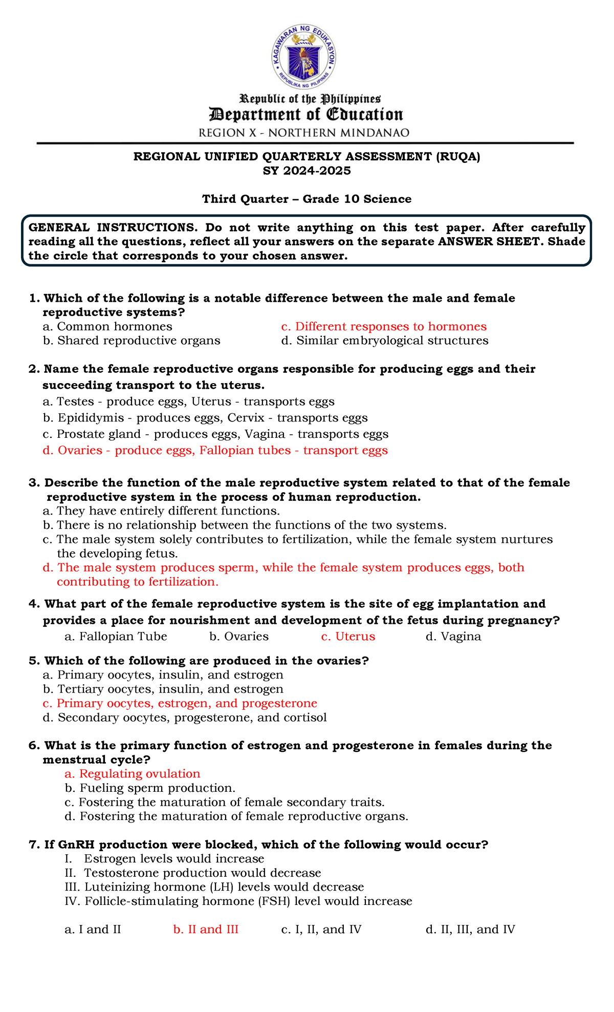 Science 10 - 3rd Quarter RUQA- Answer KEY-1 - REGIONAL UNIFIED ...