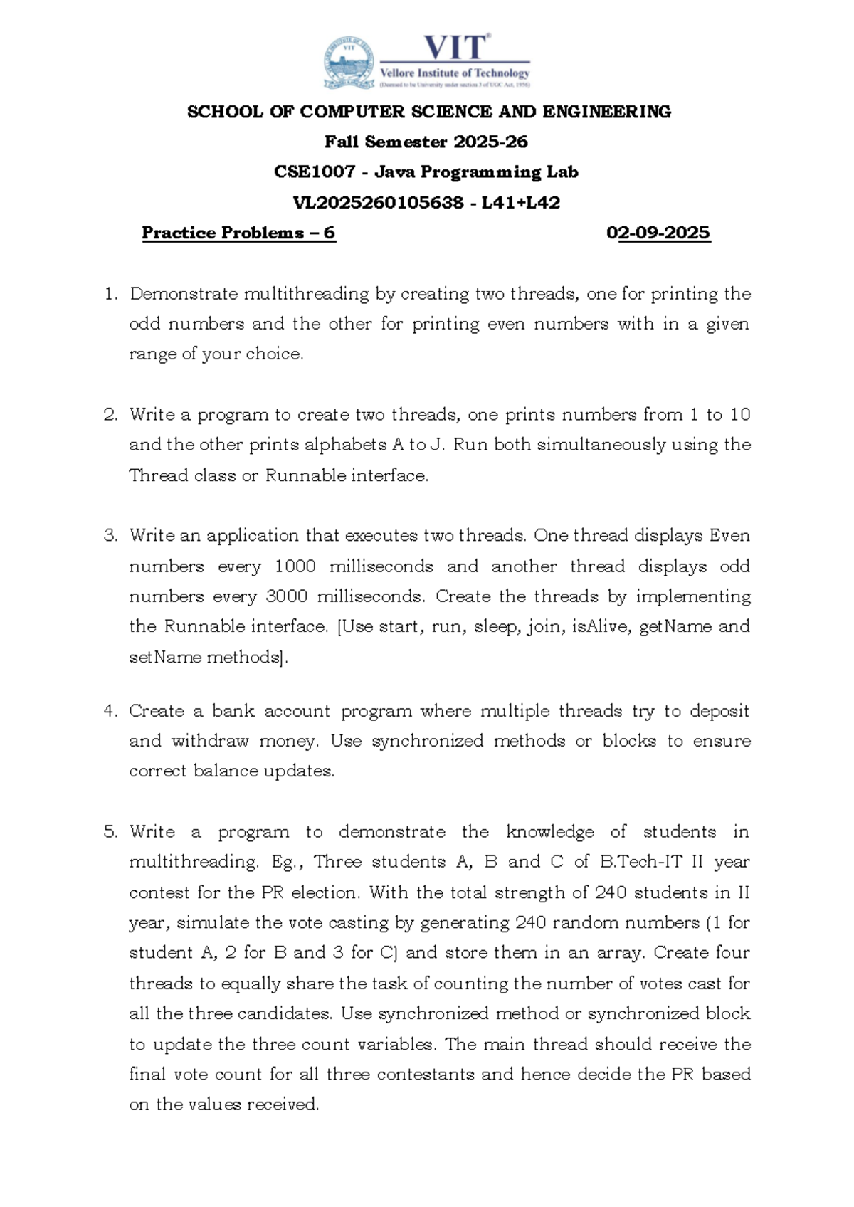 CSE1007 Fall Lab 6: Multithreading Practice Problems - Studocu