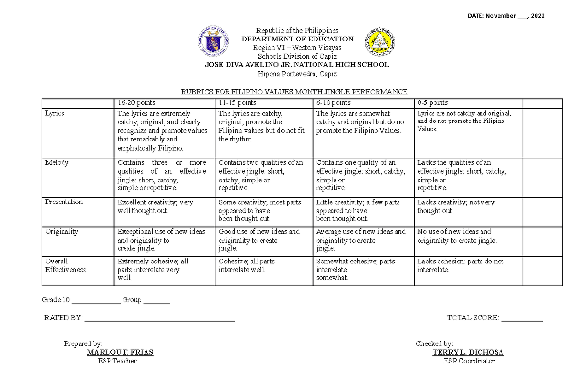 Rubric for Jingle Competition Final - Filipino Values Month - Studocu
