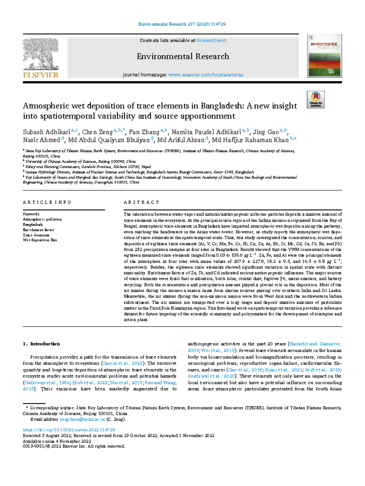 Atmospheric Wet Deposition of Trace Elements in Bangladesh: Insights ...
