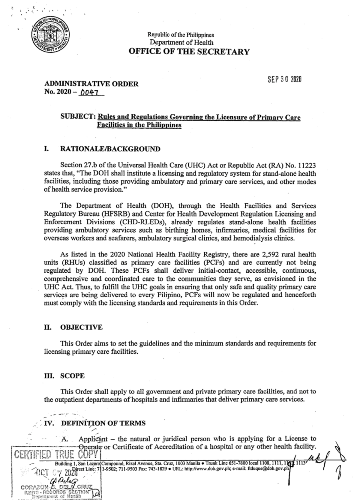 DOH Administrative Order No. 2020-0047: Licensing Rules for Primary ...