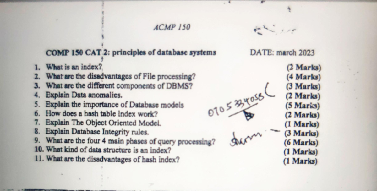 COMP 150: Sample CAT 2 & Quiz on Database Principles and Systems - Studocu