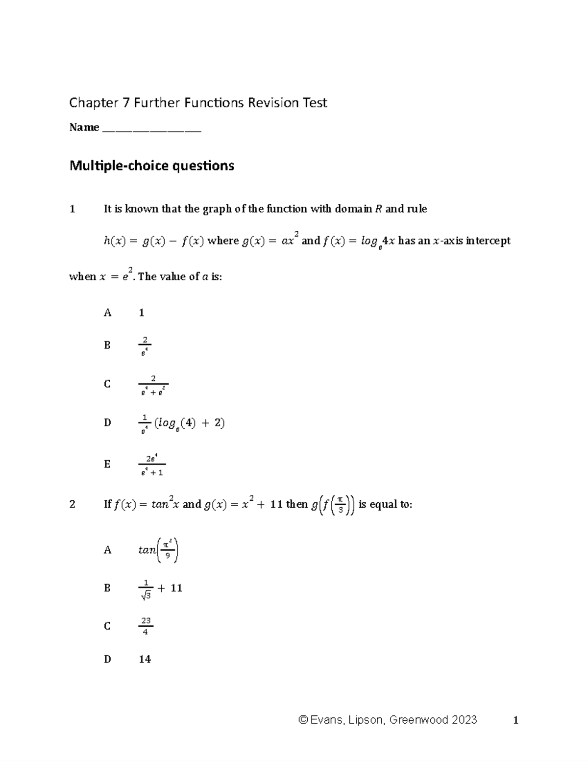 Chapter 7: Further Functions - Practice Test - Studocu