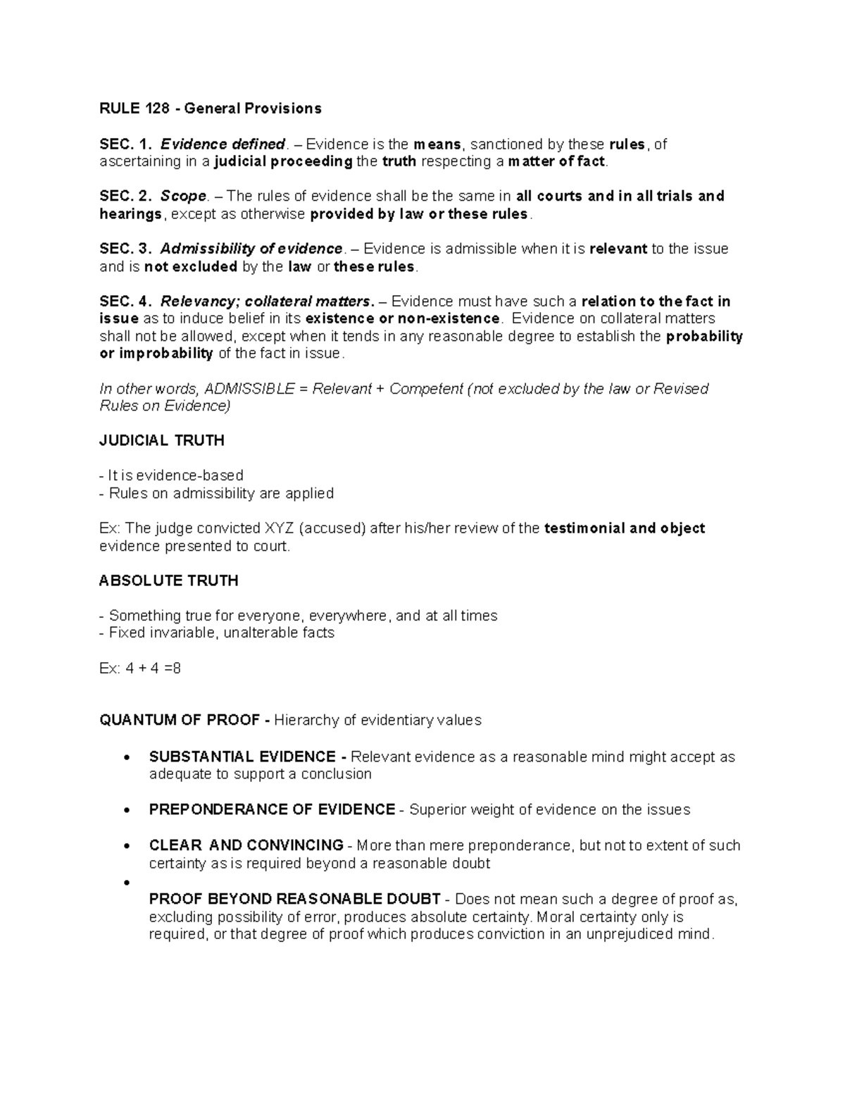 RULE 128 & 130: General Provisions on Evidence & Admissibility Notes ...