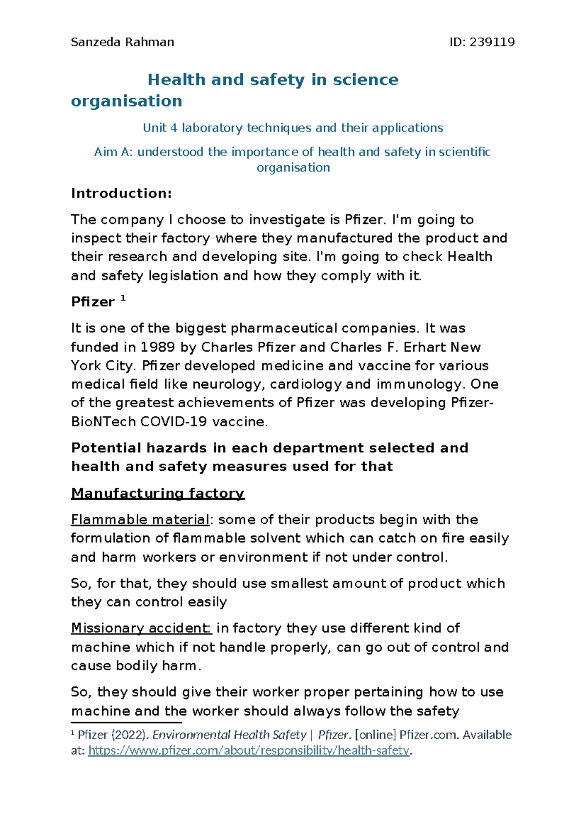 Unit 4A: Health and Safety Management in Pfizer's Laboratory Techniques ...