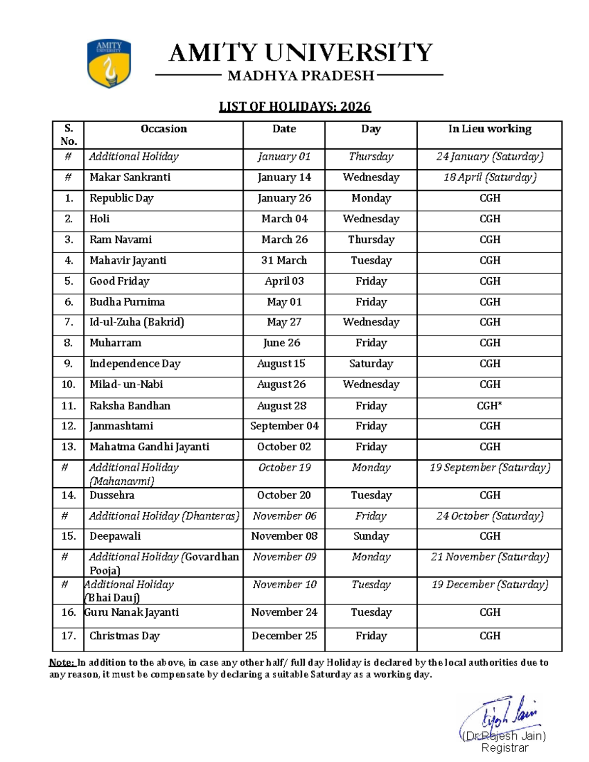AMITY UNIVERSITY MP Holidays List for 2026 - Studocu