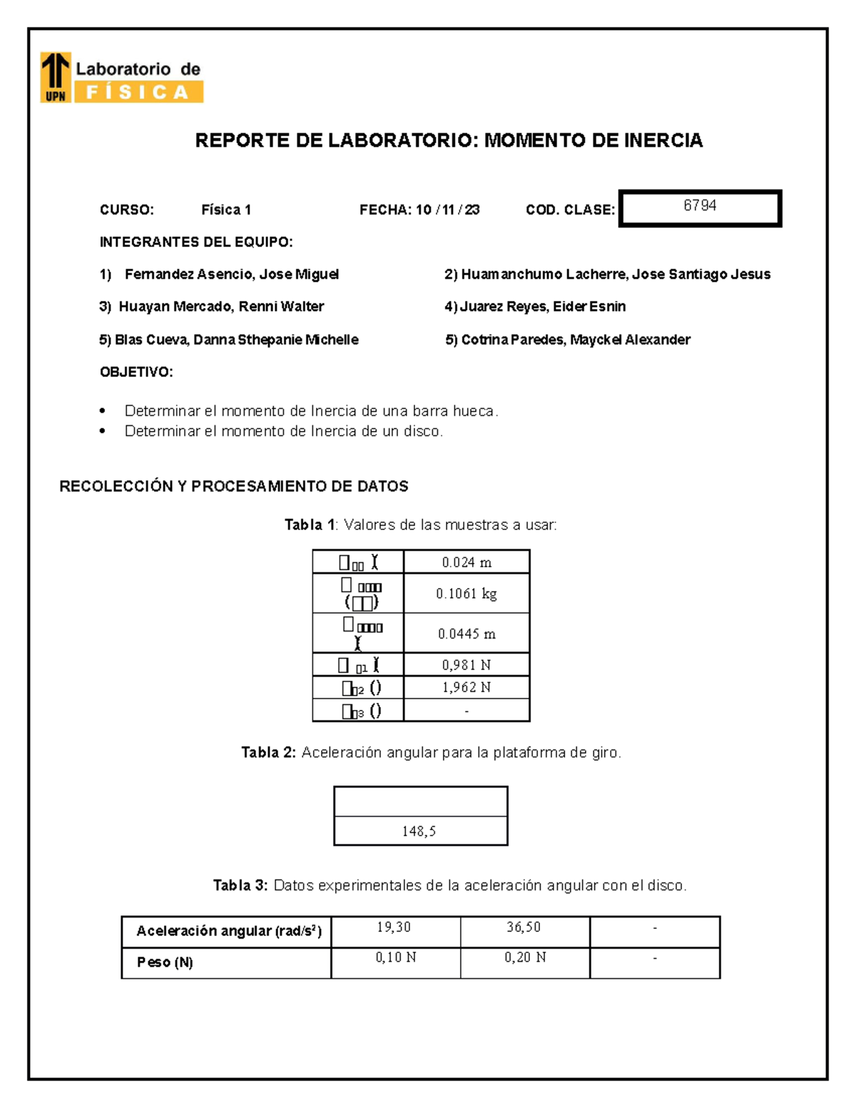 Reporte LAB FISI1 S13 MI Grupo 2 - REPORTE DE LABORATORIO: MOMENTO DE ...