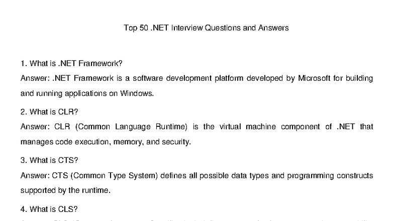 Top 50 .NET Interview Questions & Answers for Aspiring Developers - Studocu