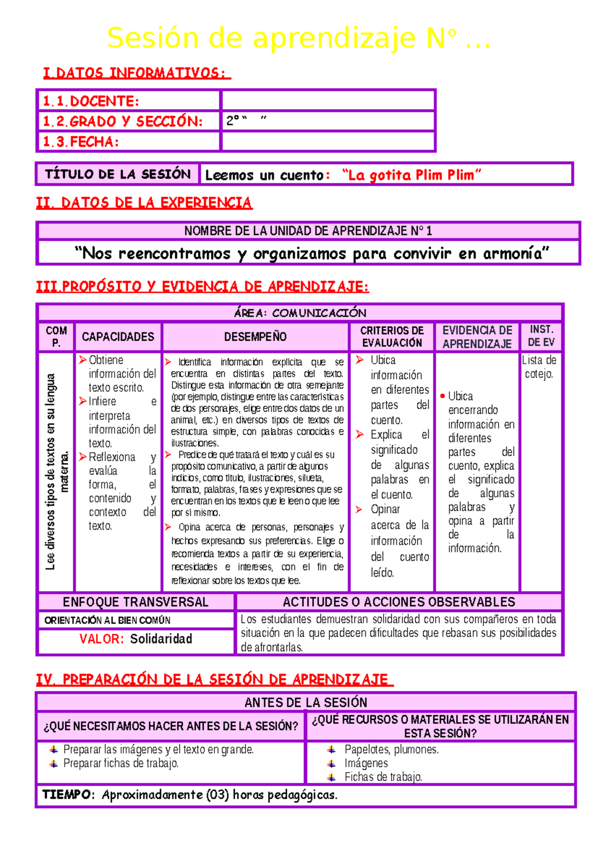 Sesión Leemos UN Cuento LA Gotita PLIM PLIM - Sesión de aprendizaje N° ... I INFORMATIVOS: 1.1 ...