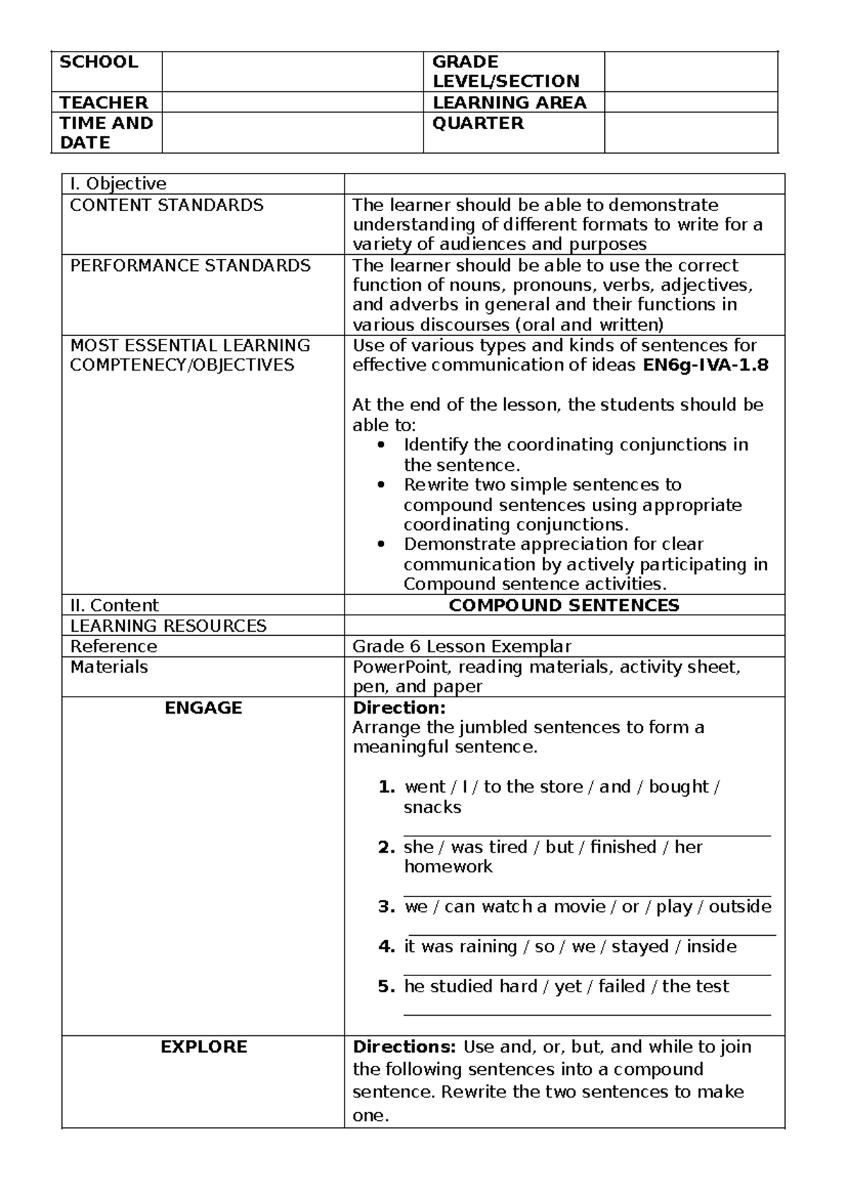 Grade 6 English Lesson Plan: Understanding Compound Sentences - Studocu