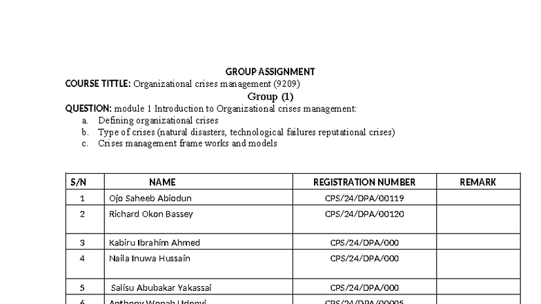 Group Assignment: Organizational Crises Management (9209) Overview ...