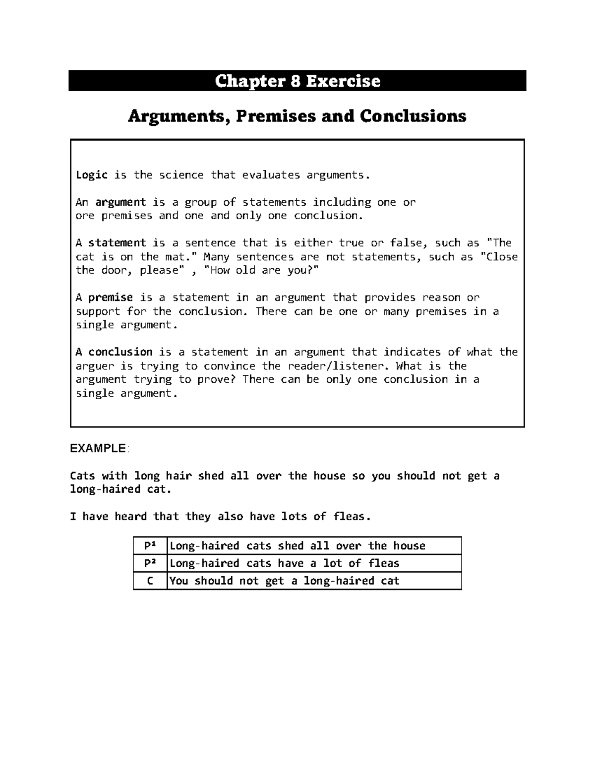 Chapter 8: Exercise on Arguments, Premises, and Conclusions - Studocu