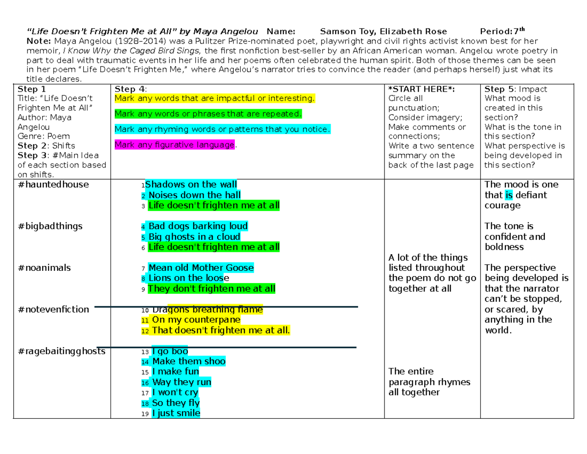 Life Doesn't Frighten Me (Maya Angelou) Annotation Guide - Studocu