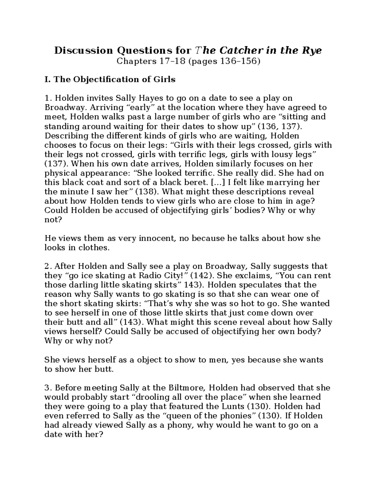 Chapters 17-18 Study Guide: The Catcher in the Rye Discussion Questions ...