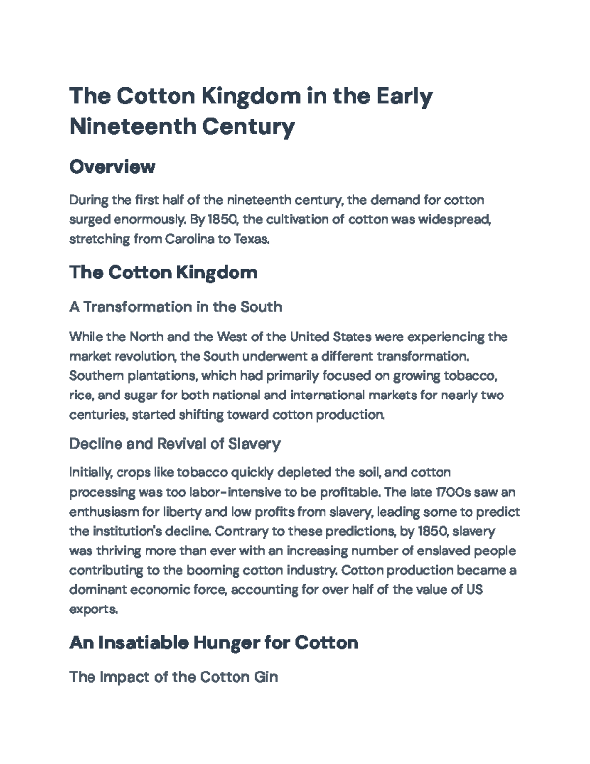 The Cotton Kingdom (HIST 201): Economic Transformation & Slavery in the ...