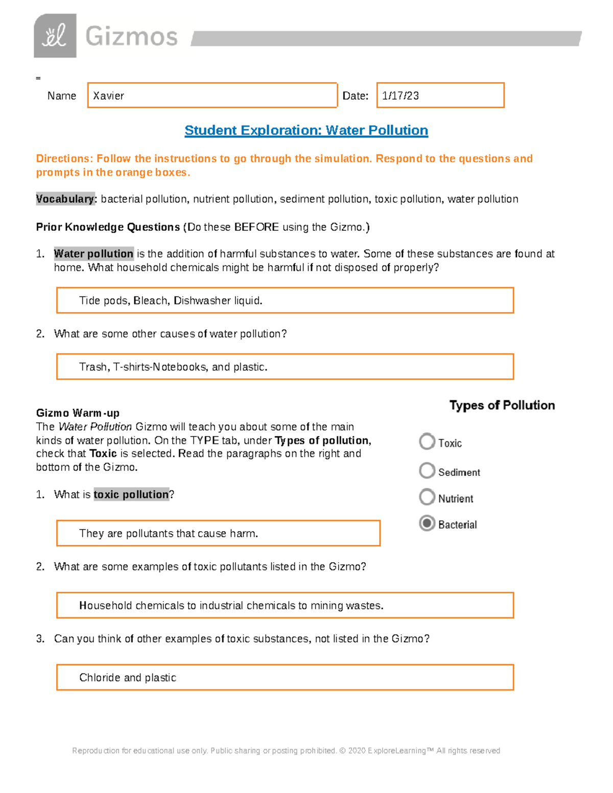 Student Exploration: Water Pollution Gizmo (Course Code: BIO101) - Studocu