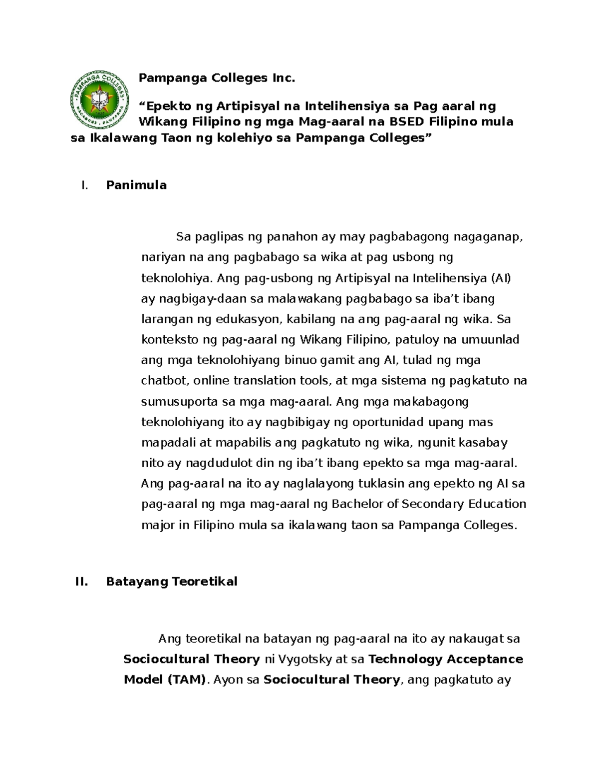 Epekto ng AI sa Pag-aaral ng Wikang Filipino ng BSED II sa PCI - Studocu