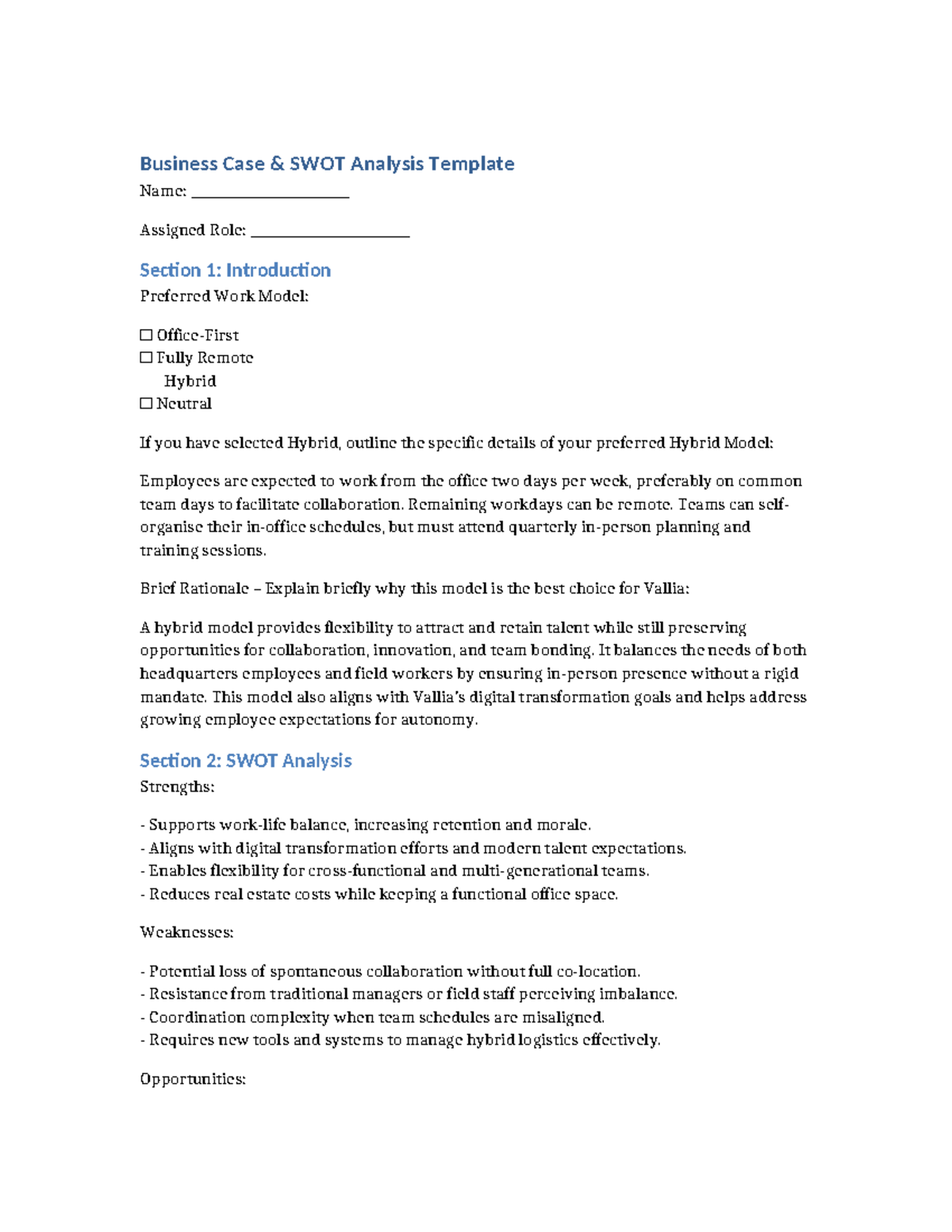 BUS 301: Vallia Hybrid Work Business Case SWOT Analysis - Studocu