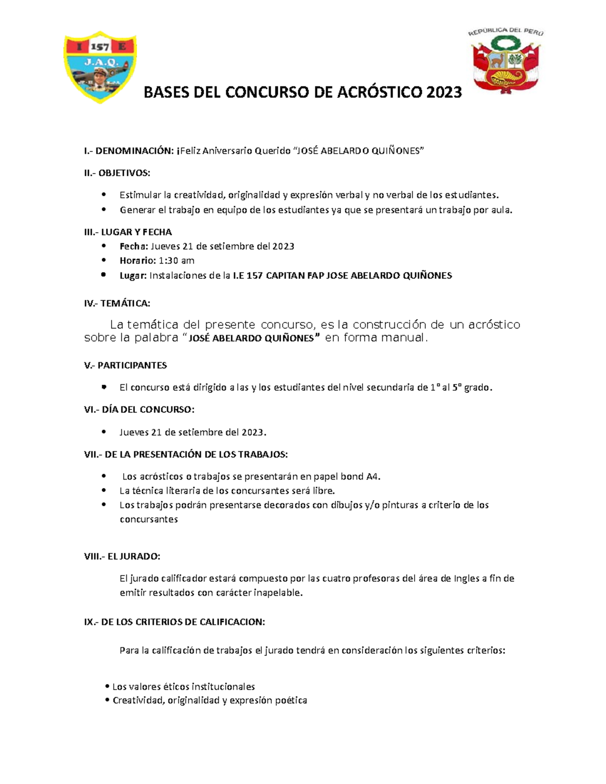 Bases del Concurso Acróstico 2023 en I.E. 157 José Abelardo Quiñones ...