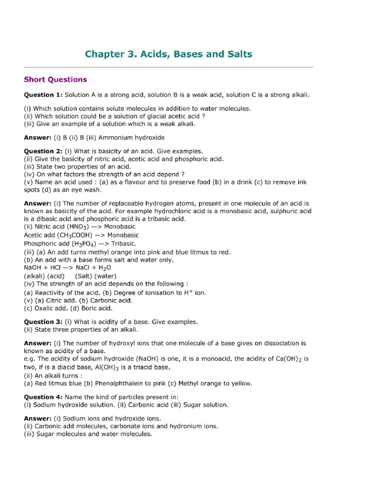 Acid-Base & Salts: Chapter 3 Short Questions and Answers - Studocu