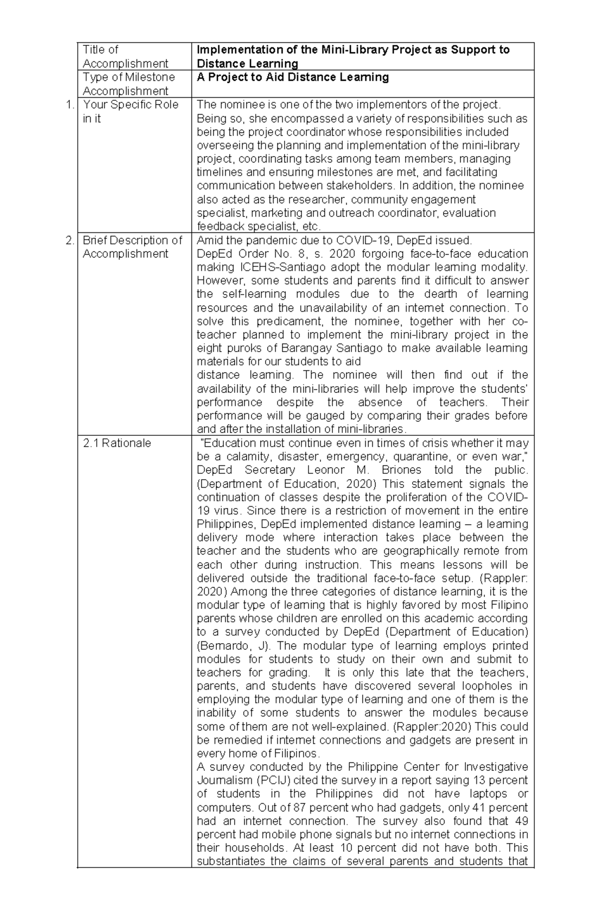 Project Implementation for Distance Learning Support: Accomplishments ...