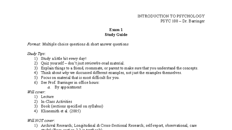 PSYC 100 Exam 1 Study Guide - Dr. Barringer SP 25 - Studocu