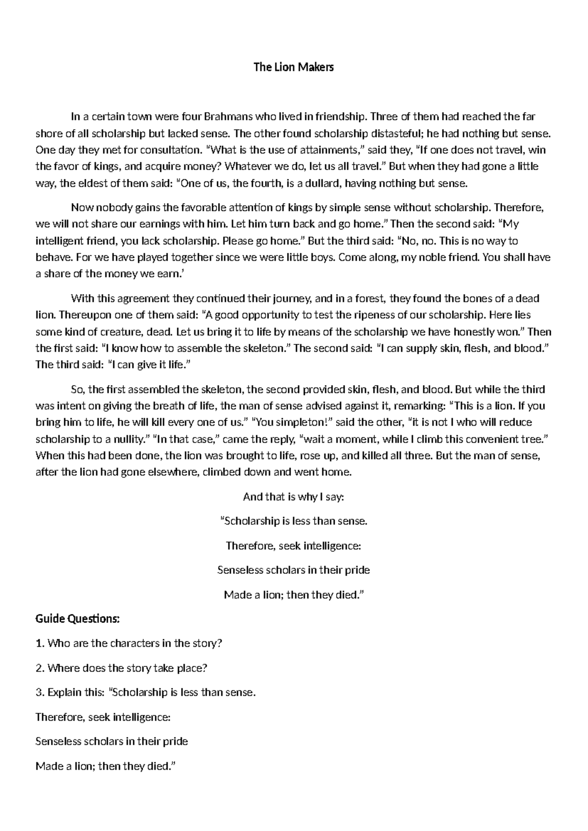 The Lion Makers - LECTURE Notes on Wisdom vs. Scholarship - Studocu