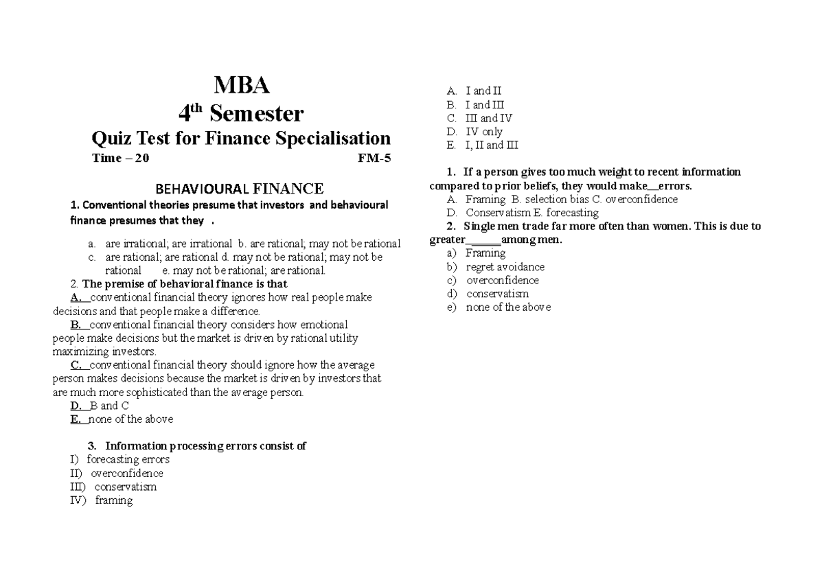 Behavior Finance MCQ - MBA 4 th Semester Quiz Test for Finance ...