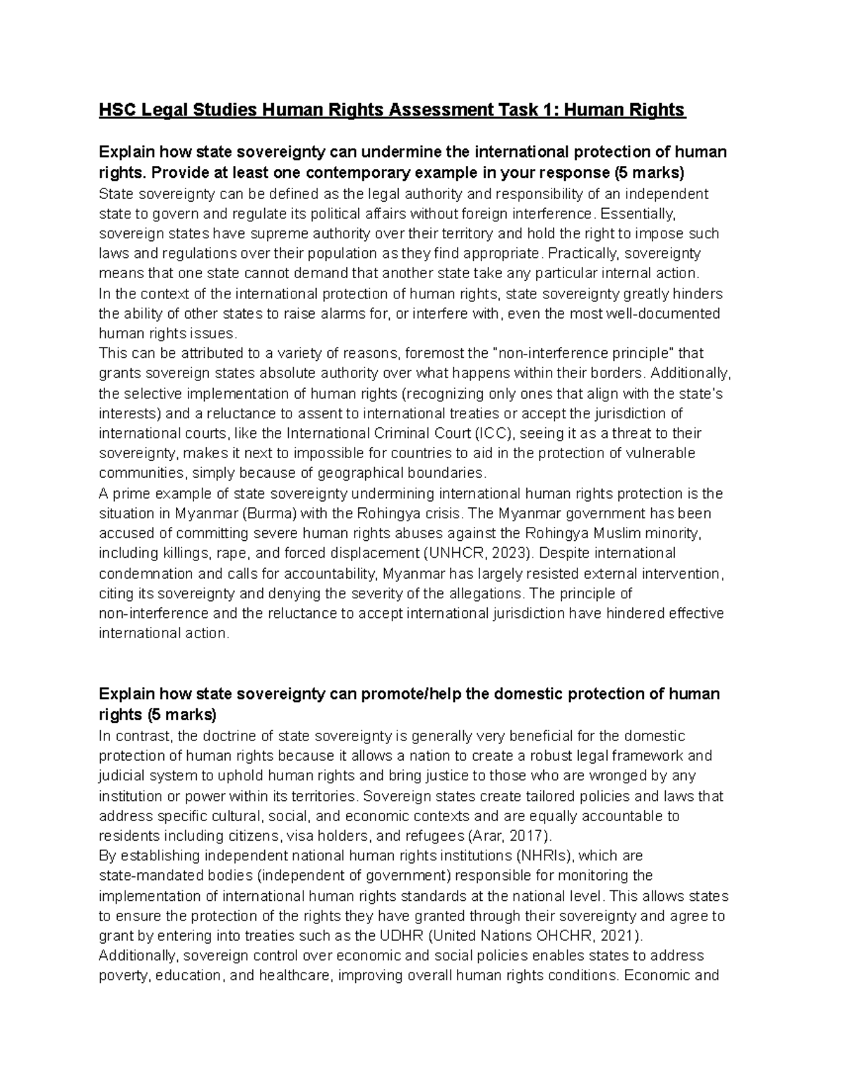 HSC Legal Studies Human Rights Assessment Task: State Sovereignty ...