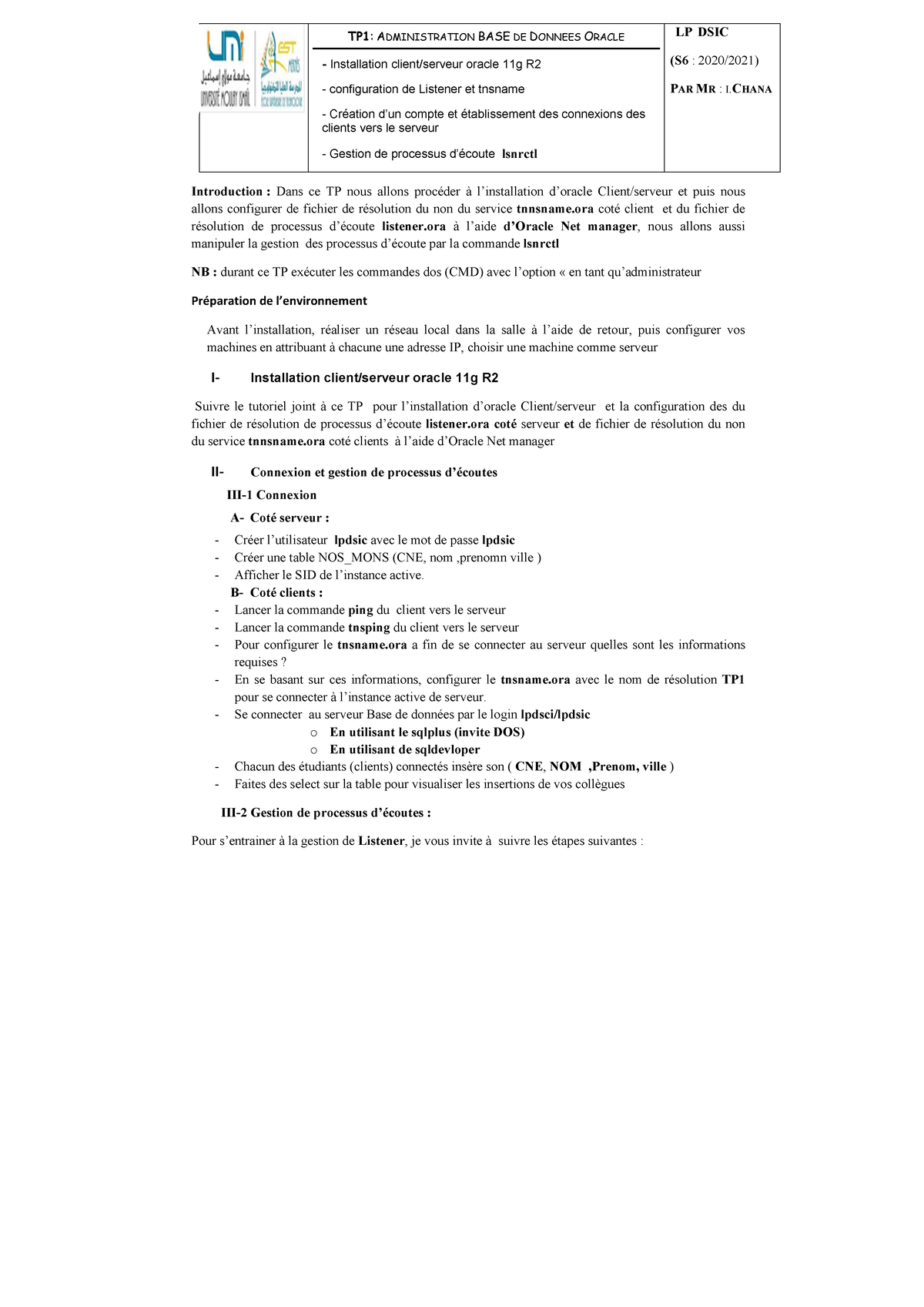 TP 1 : ADMINISTRATION DE BASE DE DONNEES ORACLE 11g R - Installation, Config et Gestion - Studocu