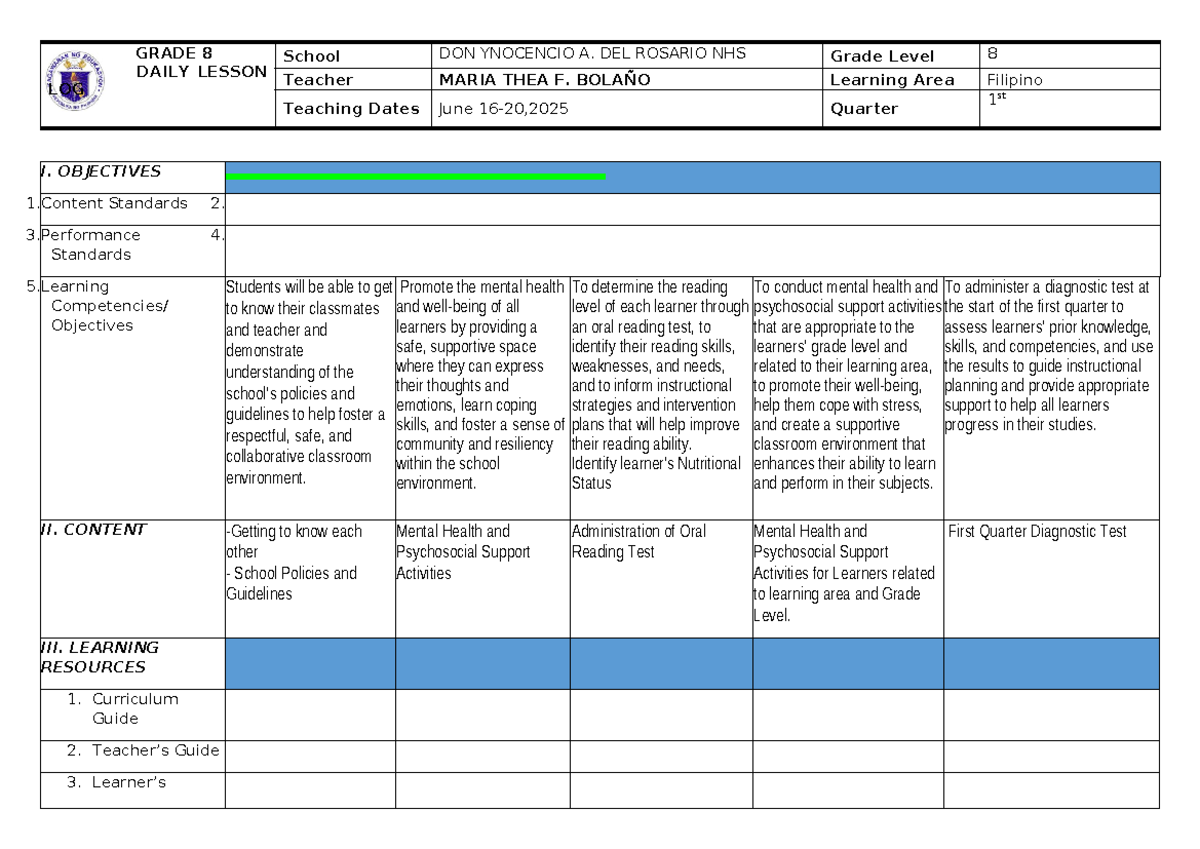 DLL GRADE 8 1ST QUARTER DAILY LESSON PLAN by MARIA THEA F. BOLAÑO - Studocu