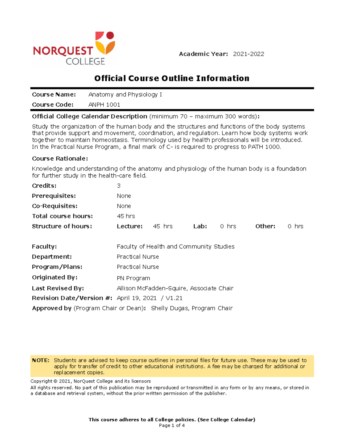 ANPH 1001 Anatomy and Physiology I Course Outline (2021-2022) - Studocu