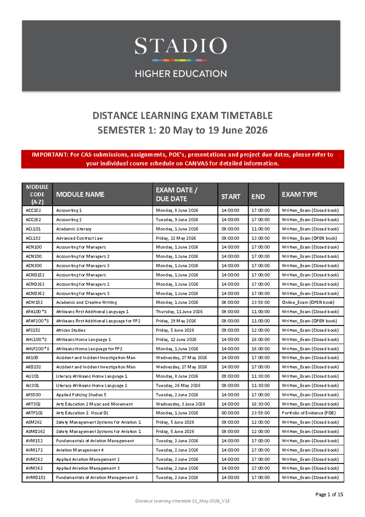 Distance Learning Exam Timetable S1 2026 (A-Z) V13 - Studocu