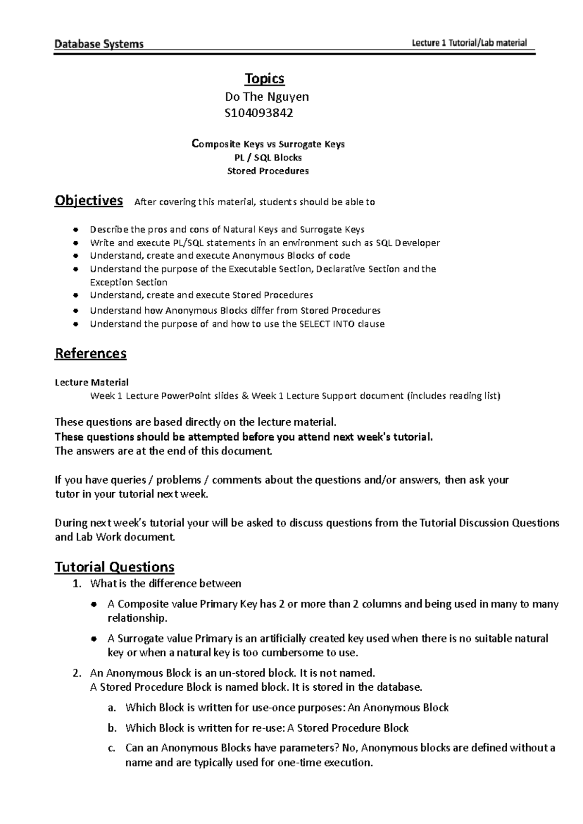 INF20010 Lecture 01: Composite vs Surrogate Keys & PL/SQL Blocks - Studocu
