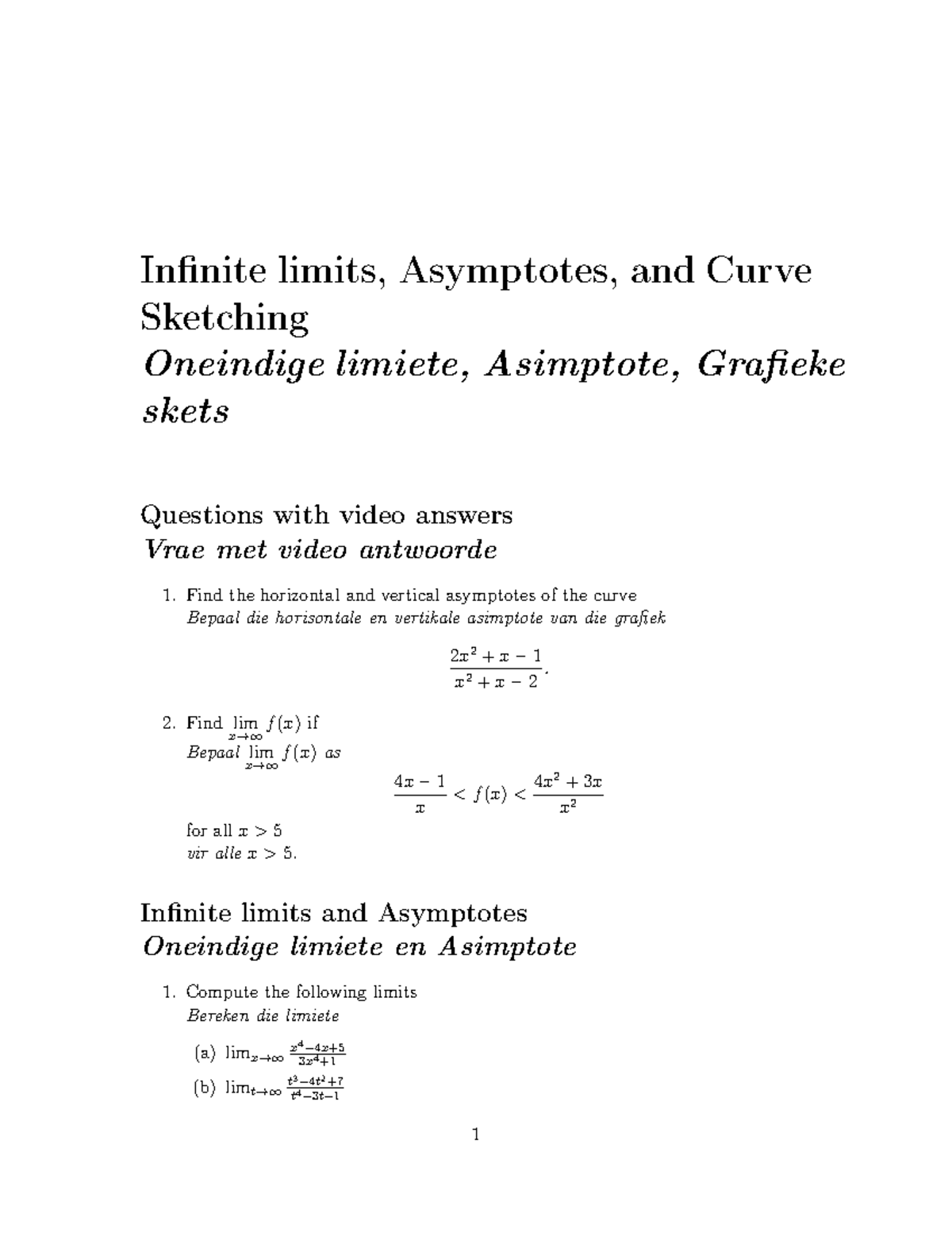 Tutorial 10: Infinite Limits, Asymptotes & Curve Sketching - Studocu